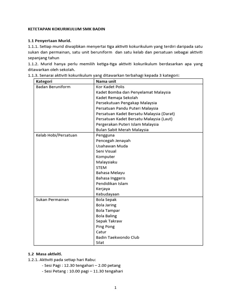 Ketetapan Kokurikulum Smk Badin | PDF