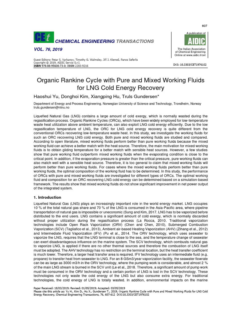 Organic Rankine Cycle With Pure and Mixed Working Fluids For LNG Cold Energy Recovery | PDF ...