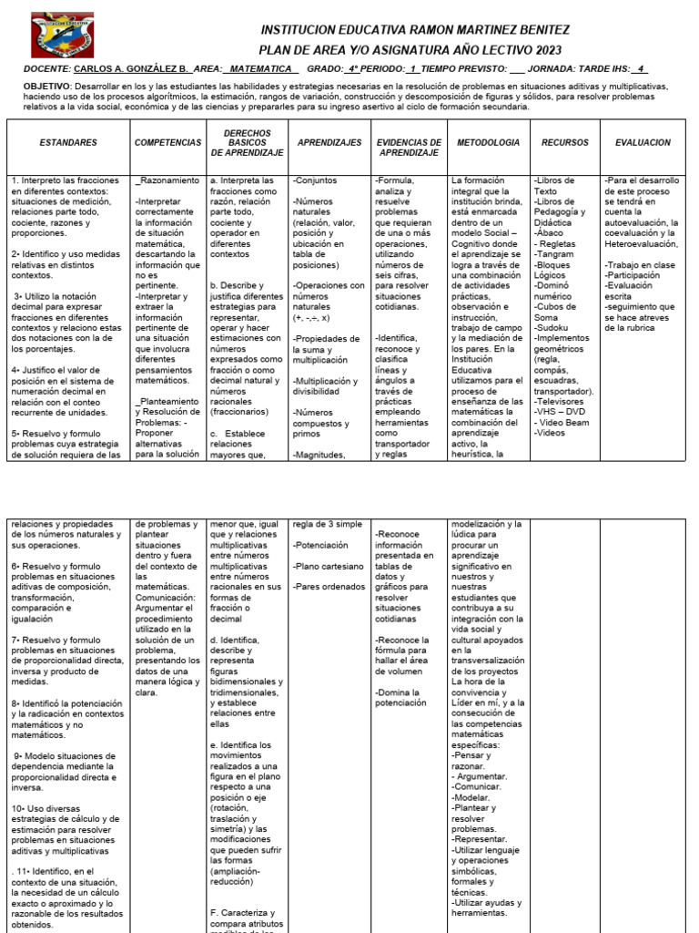 Plan Matemáticas 4° Grado 2023 | PDF | Números | Volumen
