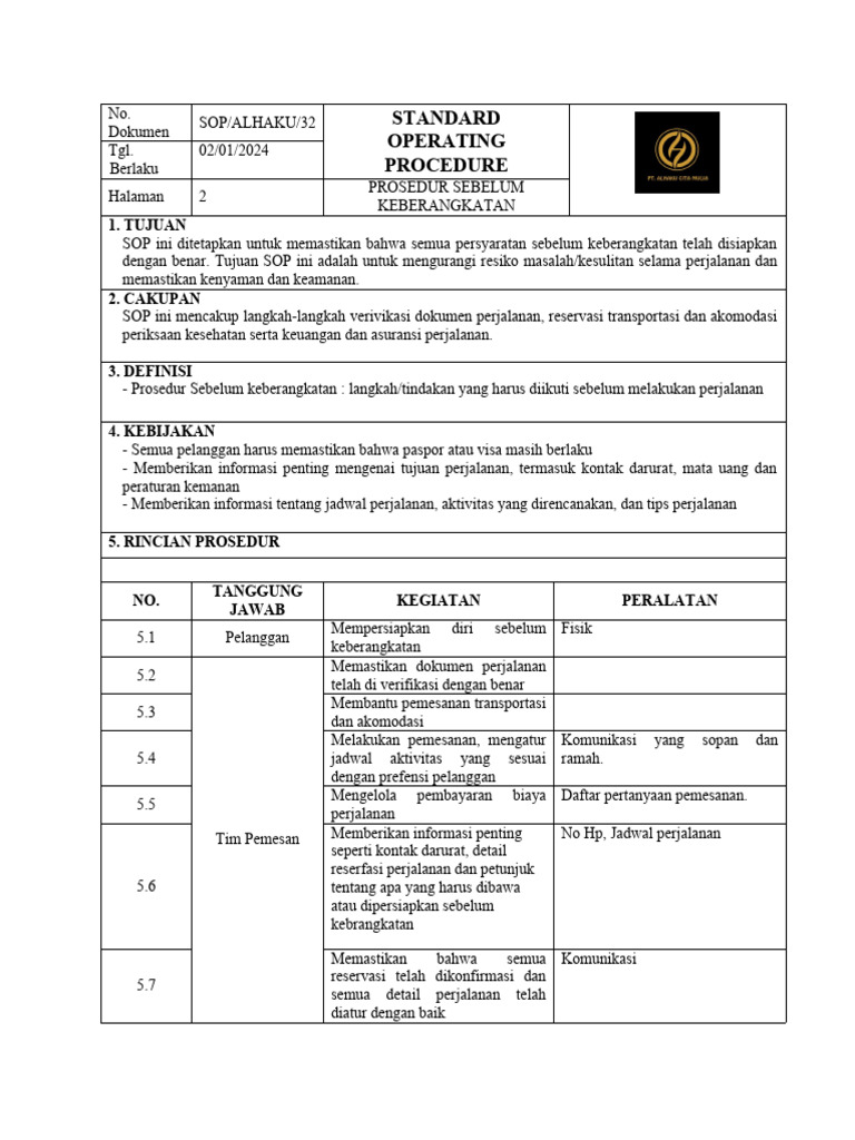 SOP PEMBUATAN Sebelum Keberangkatan | PDF