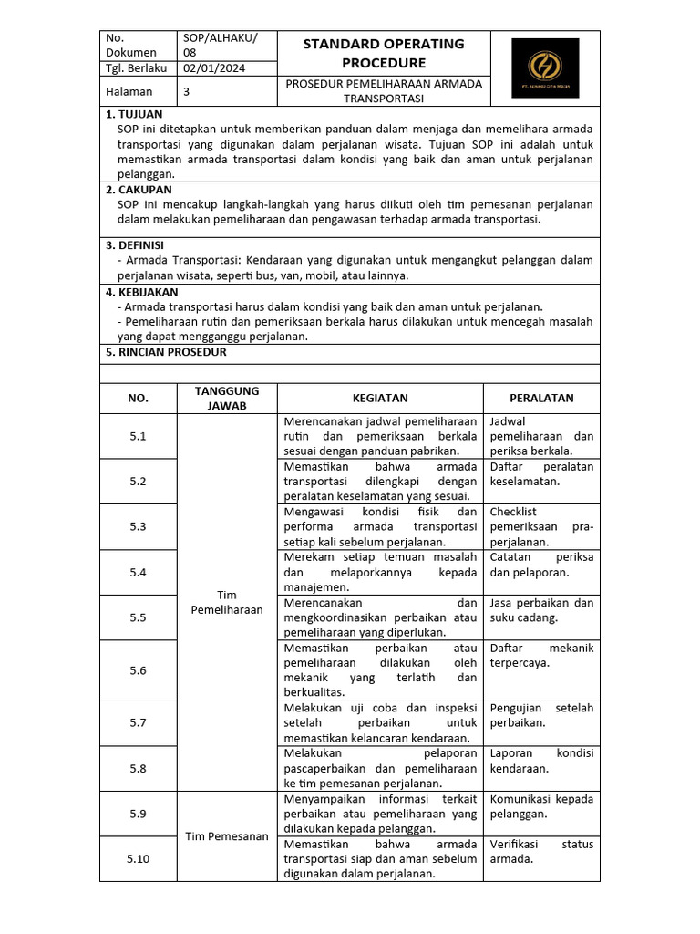 SOP Pemeliharaan Armada Transportasi | PDF