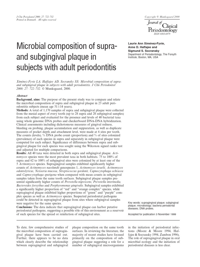 Ximénez Fyvie 2001 - Microbial Composition of Supra and Subgingival ...