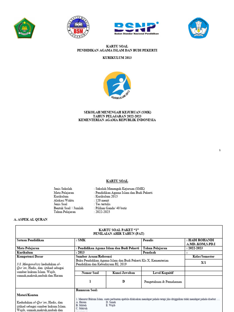 Kartu Soal Pat SMK Kelas X.2 | PDF