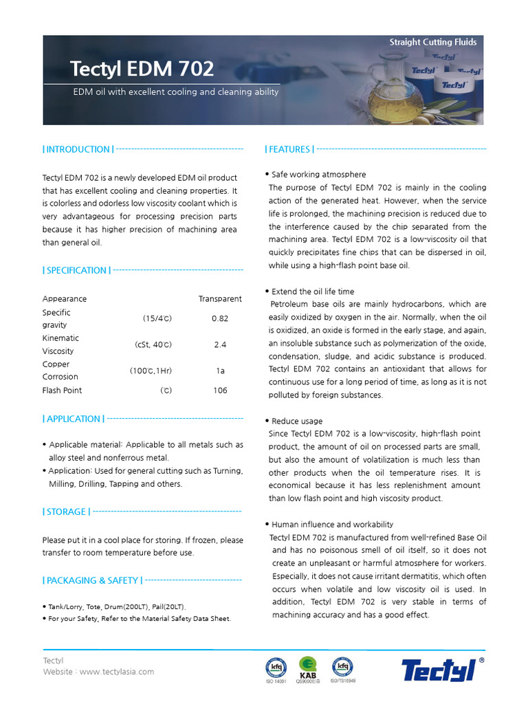 Tectyl EDM 702: Precision Cutting Fluid | PDF | Oil | Chemistry