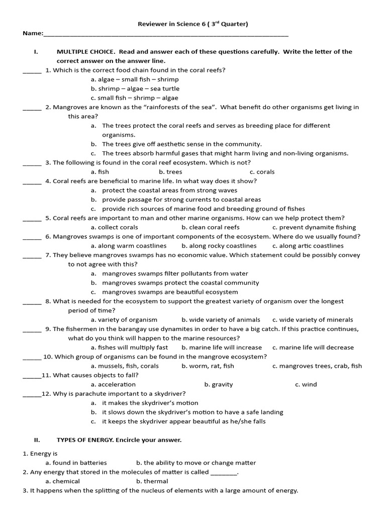 Reviewer in Science 6 3QT | PDF | Coral Reef | Force
