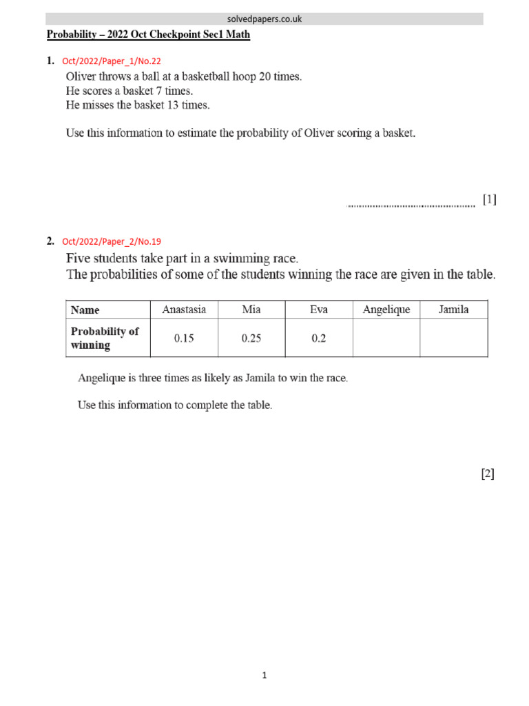 2022 Oct Probability Checkpoint Sec1 Math | PDF