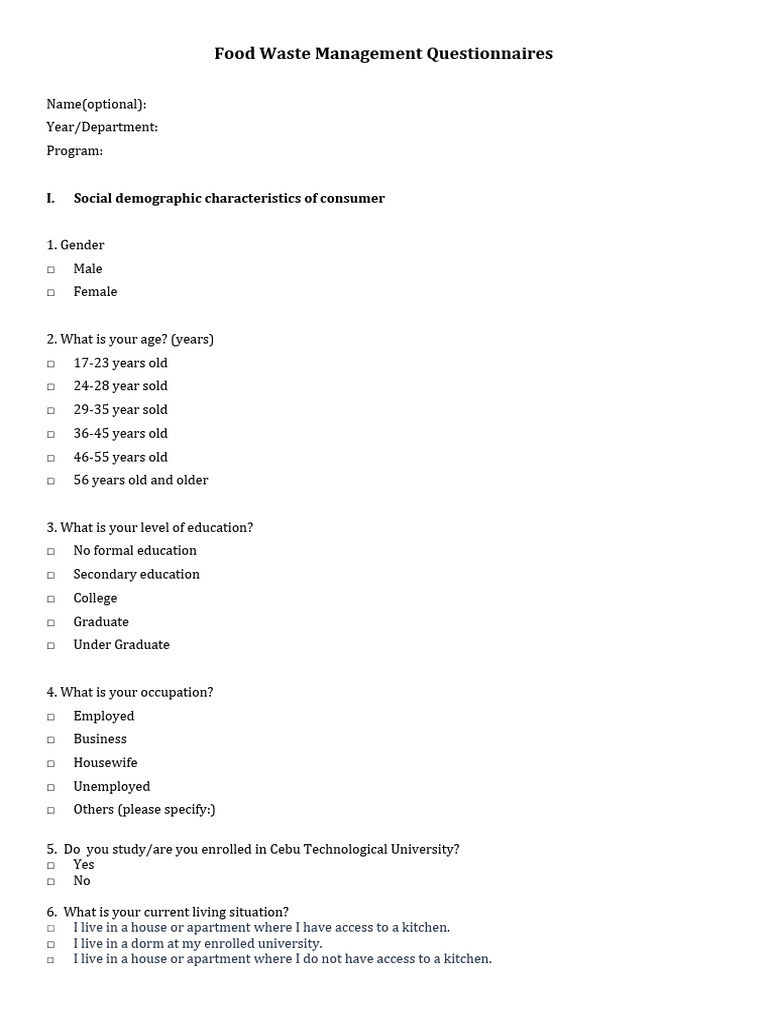 Food Waste Management Survey Questionnaire | PDF | Drink | Vegetables