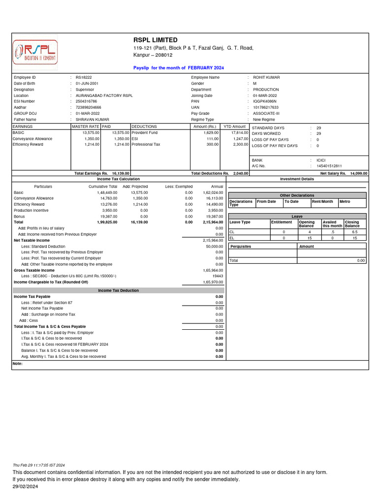 Pay Slip - RS18222 - Feb-24 | PDF | Tax Deduction | Taxes