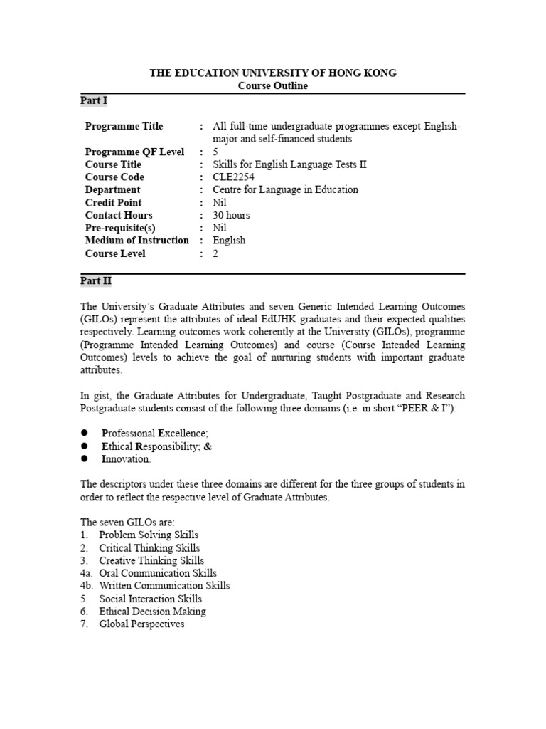 Skills for English Tests II Course Outline | PDF | Learning | Language ...