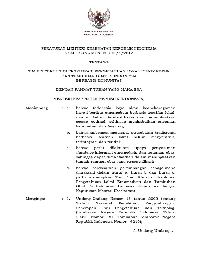 KMK No. 378 TTG Riset Etnomedisin Dan Tumbuhan Obat Indonesia | PDF KMK No. 378 TTG Riset Etnomedisin Dan Tumbuhan Obat Indonesia | PDF