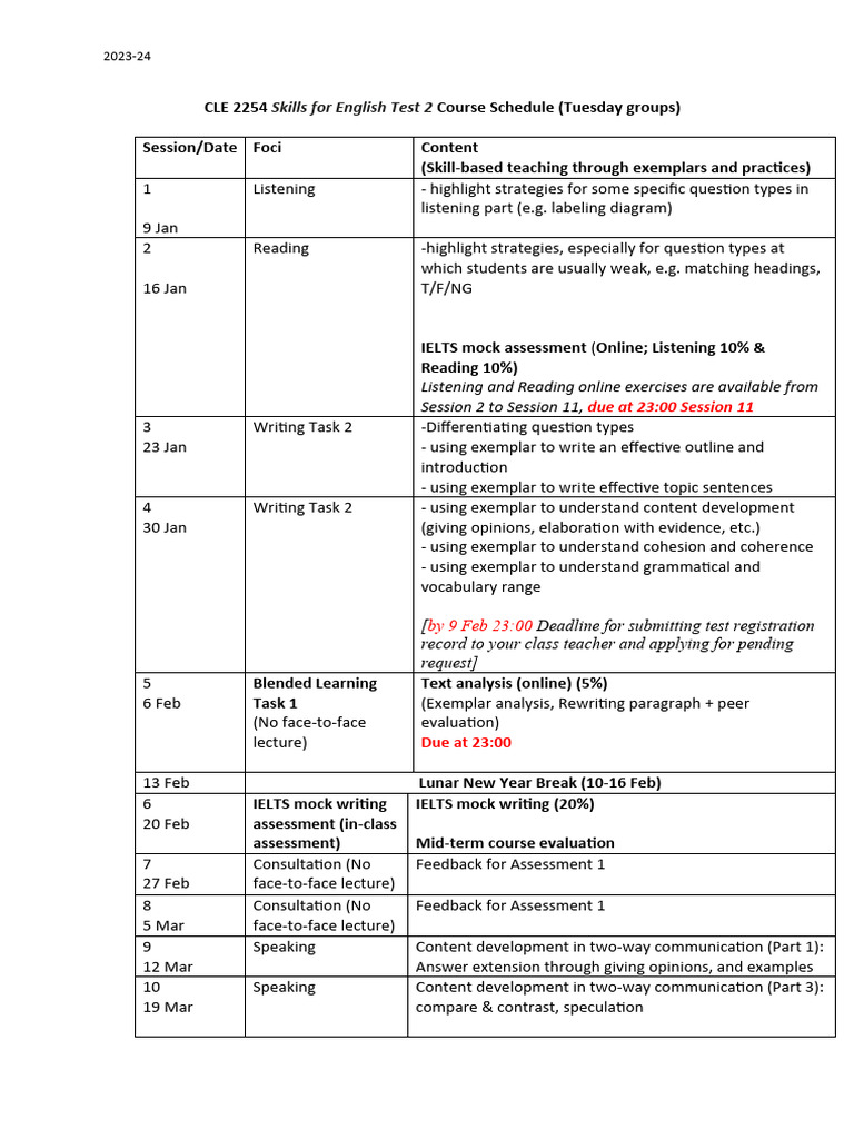 CLE 2254 Skills For English Test 2 Course Schedule - Tues Groups - Sem ...