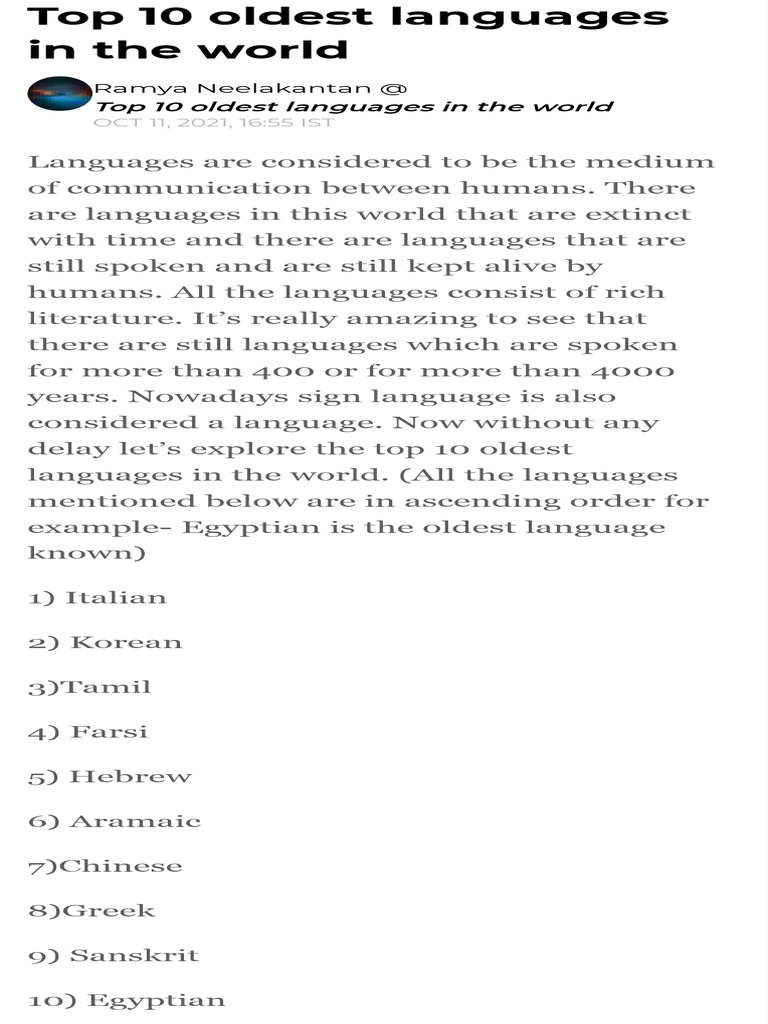 Top 10 oldest languages in the world | PDF | Persian Language | Arabic