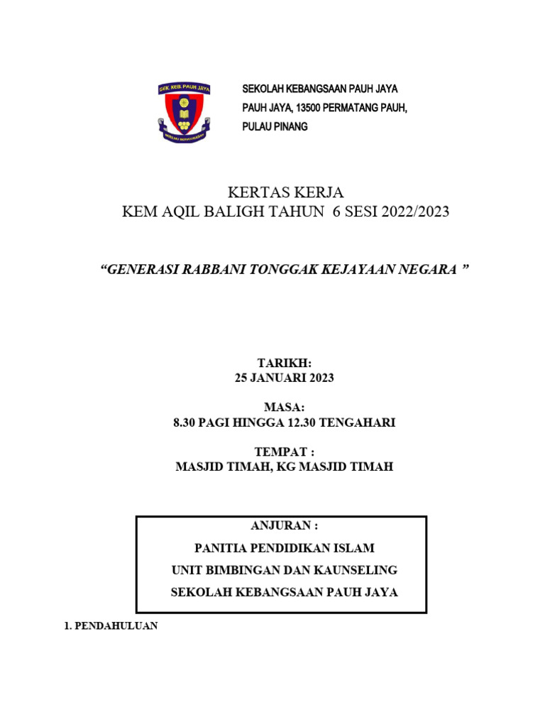 Kertas Kerja Kem Aqilbaligh SKPJ 2023 | PDF