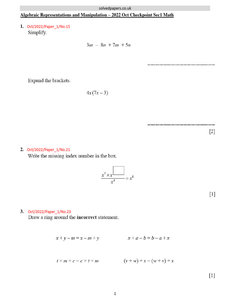 2022 Oct Algebraic Representations and Manipulation Checkpoint Sec1 Math | PDF