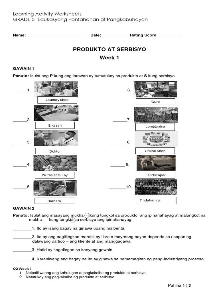 Produkto at Serbisyo Week 1: Learning Activity Worksheets GRADE 5 ...