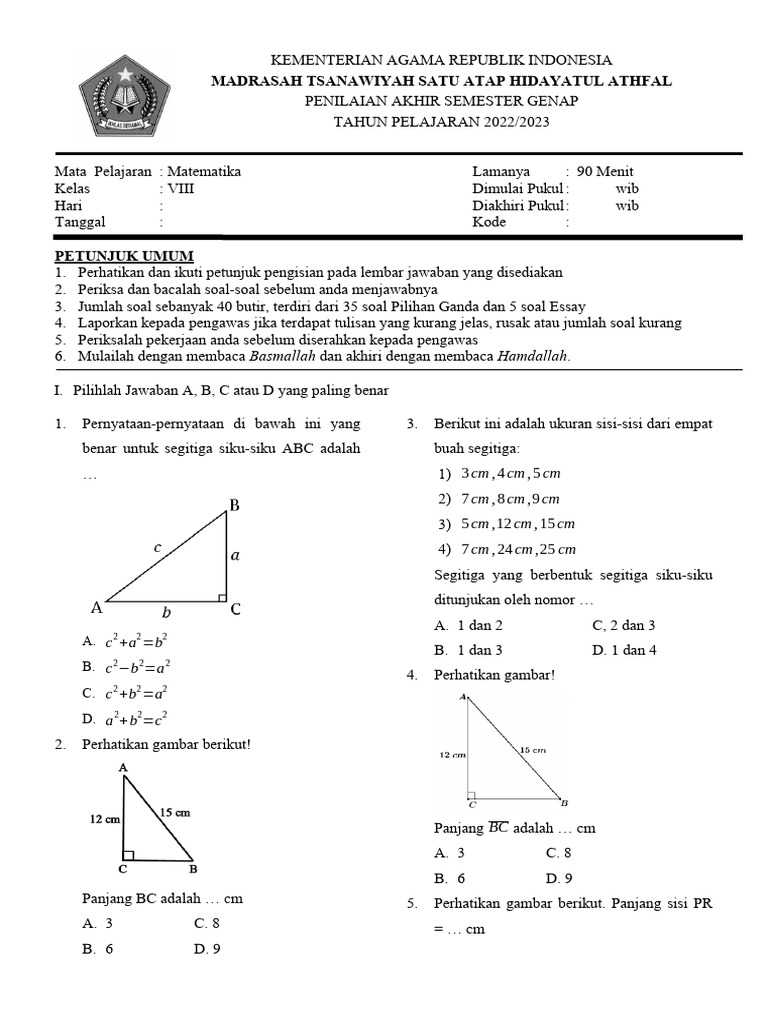 Soal Pas MTK Genap Kelas 8 | PDF