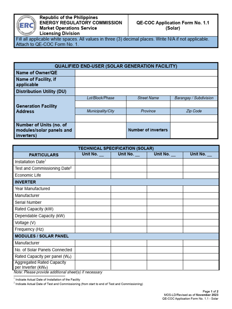 1.1 QE-COC Application Form No.1.1+ (Solar) - Vernov2023 | PDF | Solar ...
