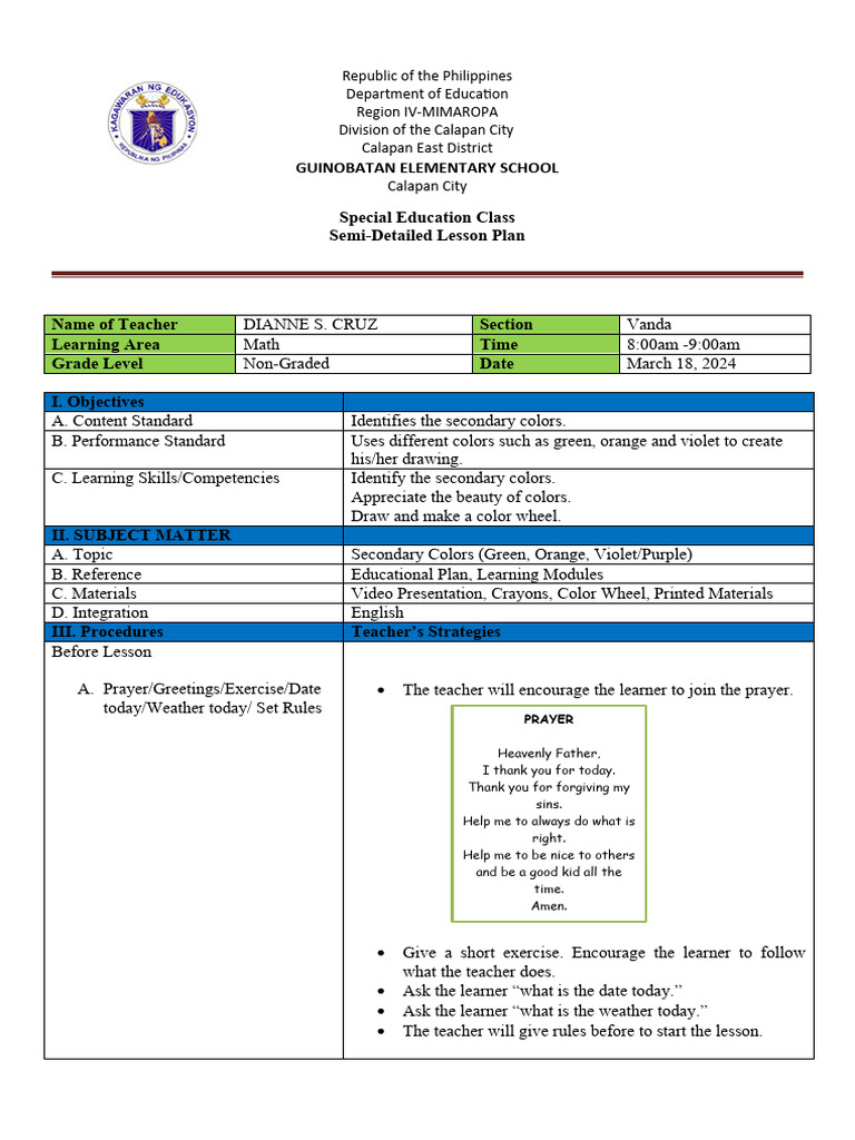 Secondary Colors Lesson Plan for Kids | PDF | Lesson Plan | Teachers