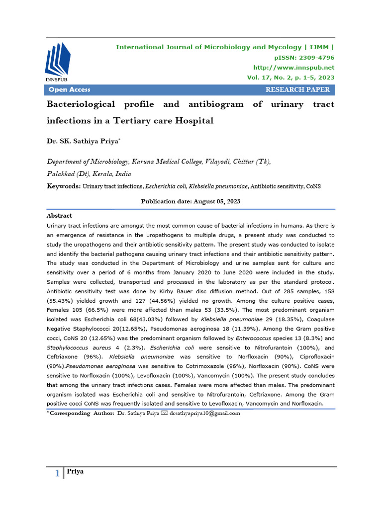 Bacteriological Profile and Antibiogram of Urinary Tract Infections in ...