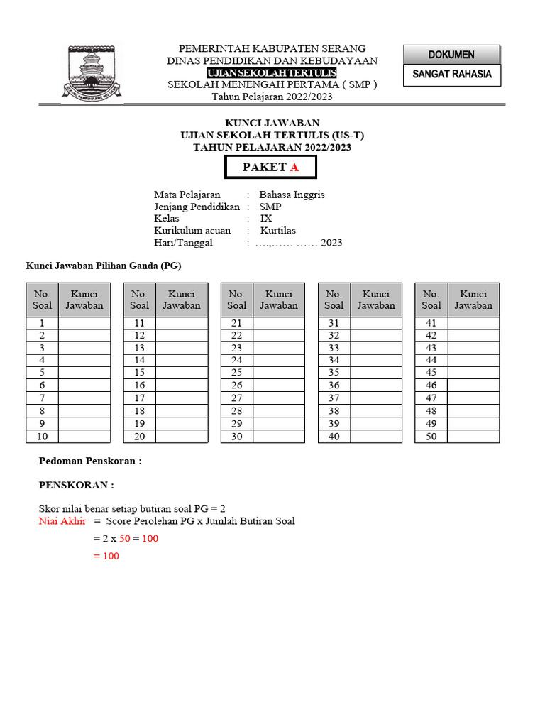 FORMAT KUNCI JAWABAN US + Penskoran | PDF