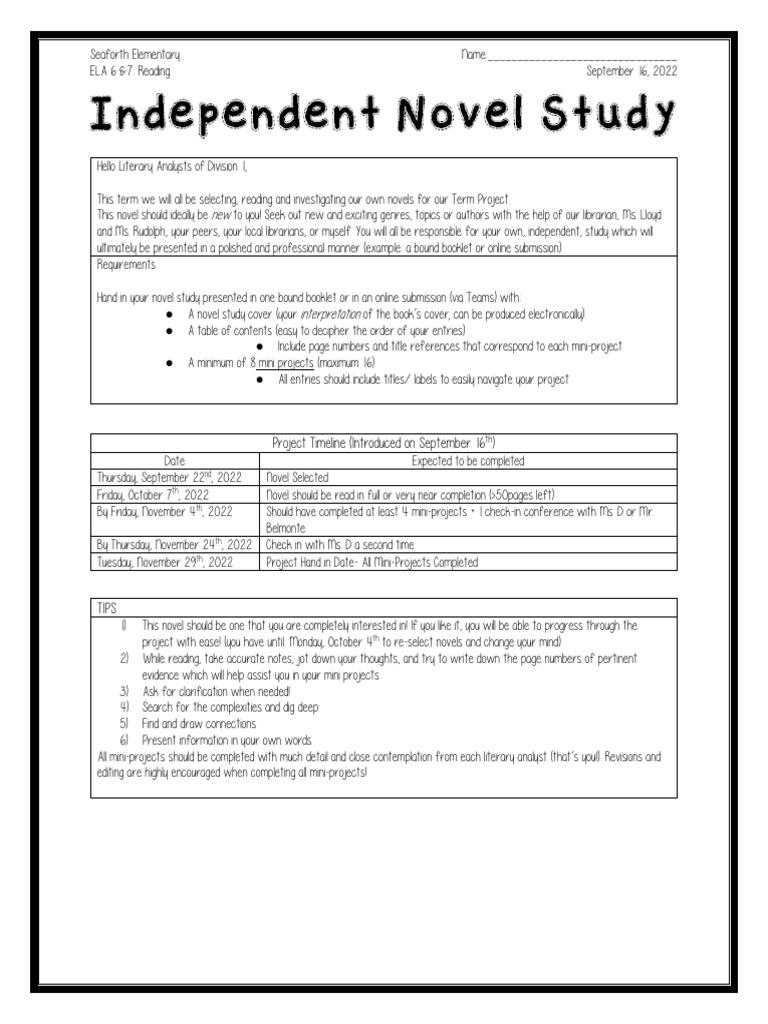 Independent Novel Study Outline - 2022 | PDF | Narration | Novels