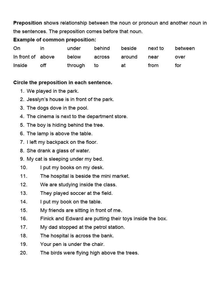 Grade 1 - Preposition | PDF | Preposition And Postposition | Noun