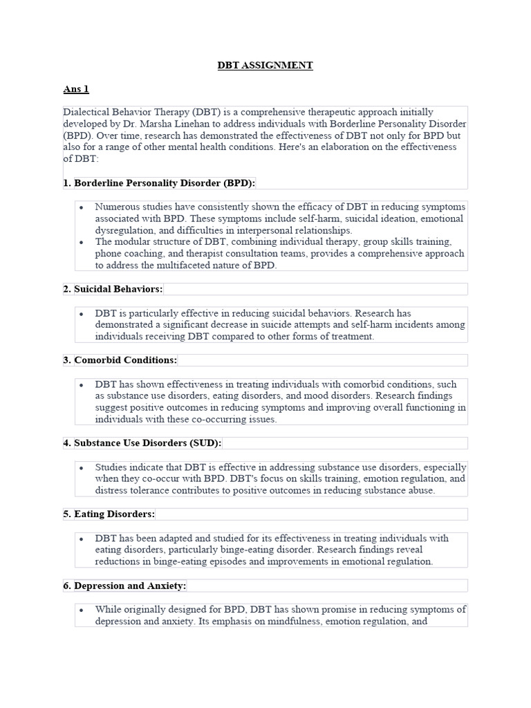 DBT Assignment | PDF | Dialectical Behavior Therapy | Borderline Personality Disorder