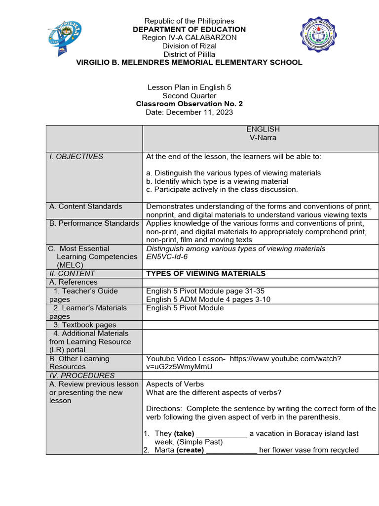 COT-2-English 5 Types of Viewing Materials | PDF | Learning | Image