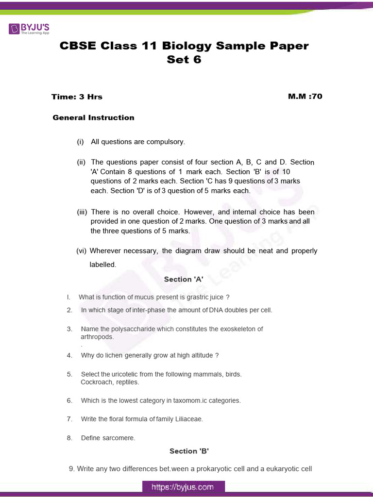 CBSE-Class-11-Biology-Sample-Paper-Set-6 | PDF | Cell (Biology) | Hormone
