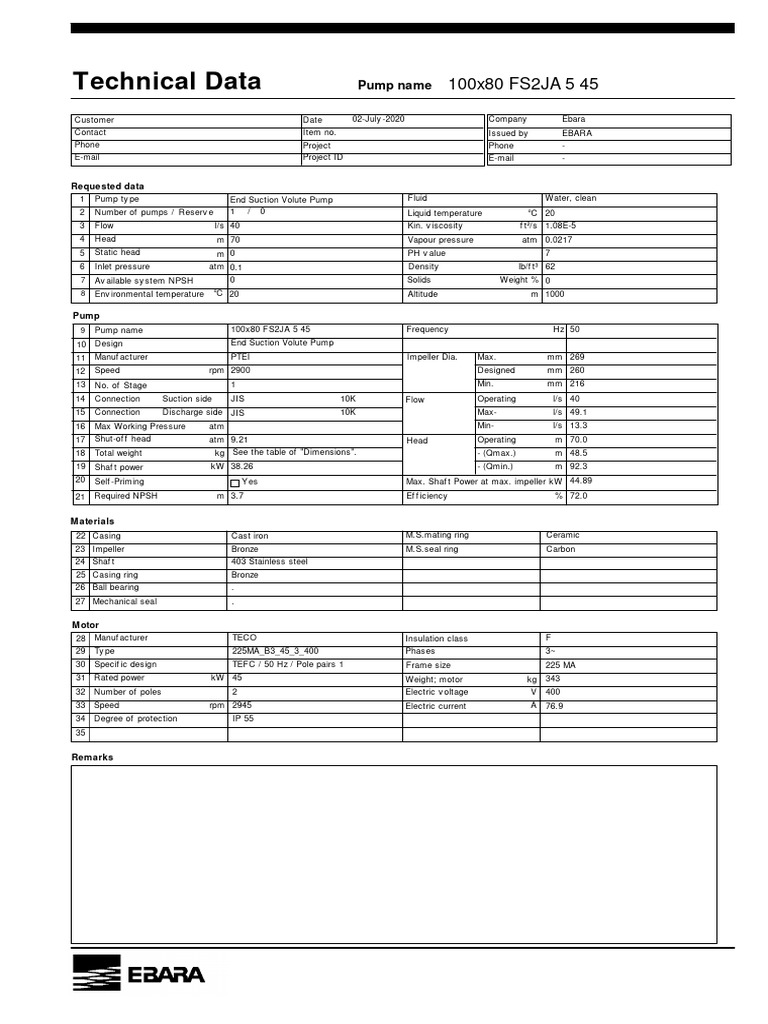 Data Teknis Pompa Ebara | PDF | Pump | Fluid Mechanics