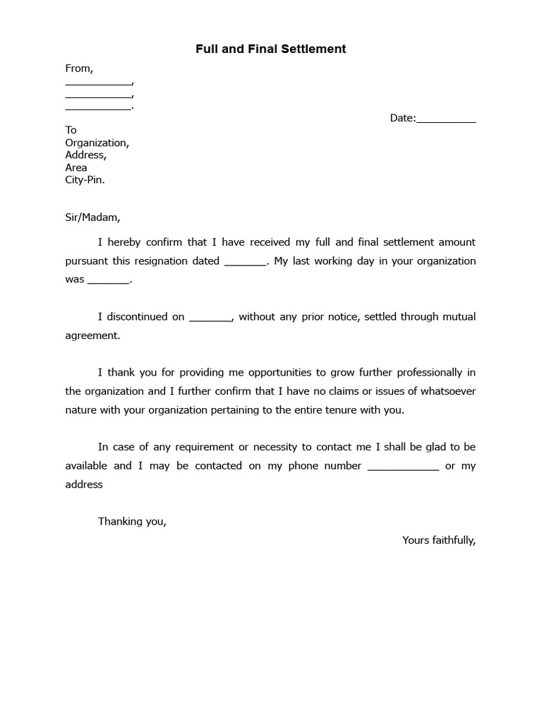 Full and Final Settlement Confirmation | PDF