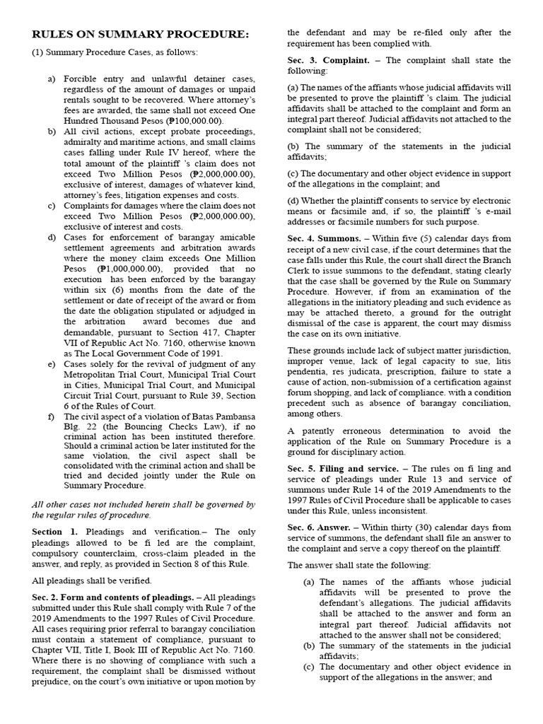 Rules on Summary Procedure and Small Claims | PDF | Lawsuit | Complaint