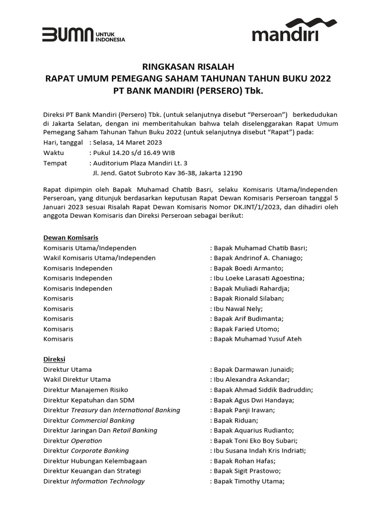 Contoh Risalah Rups Bank Mandiri | PDF