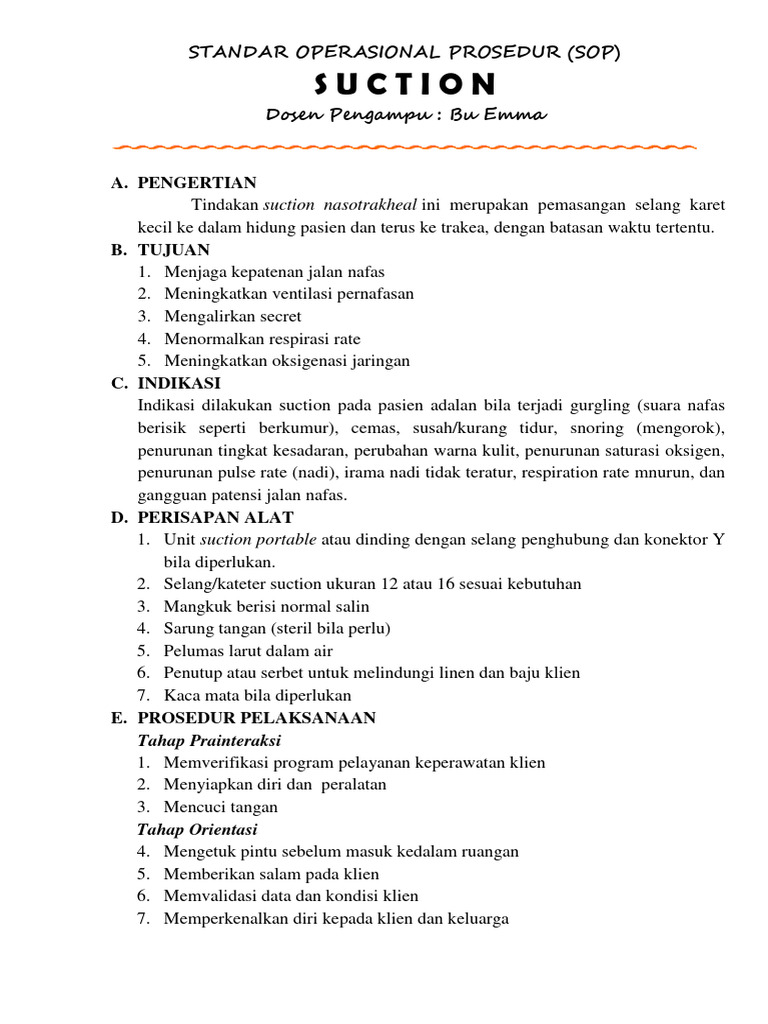 SOP Suction - Bu Emma | PDF