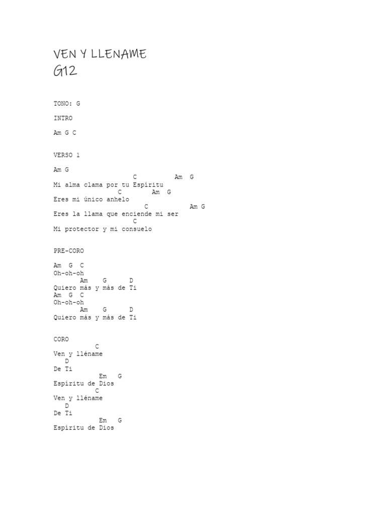 Acordes y letra de "Ven y lléname" G12 | PDF