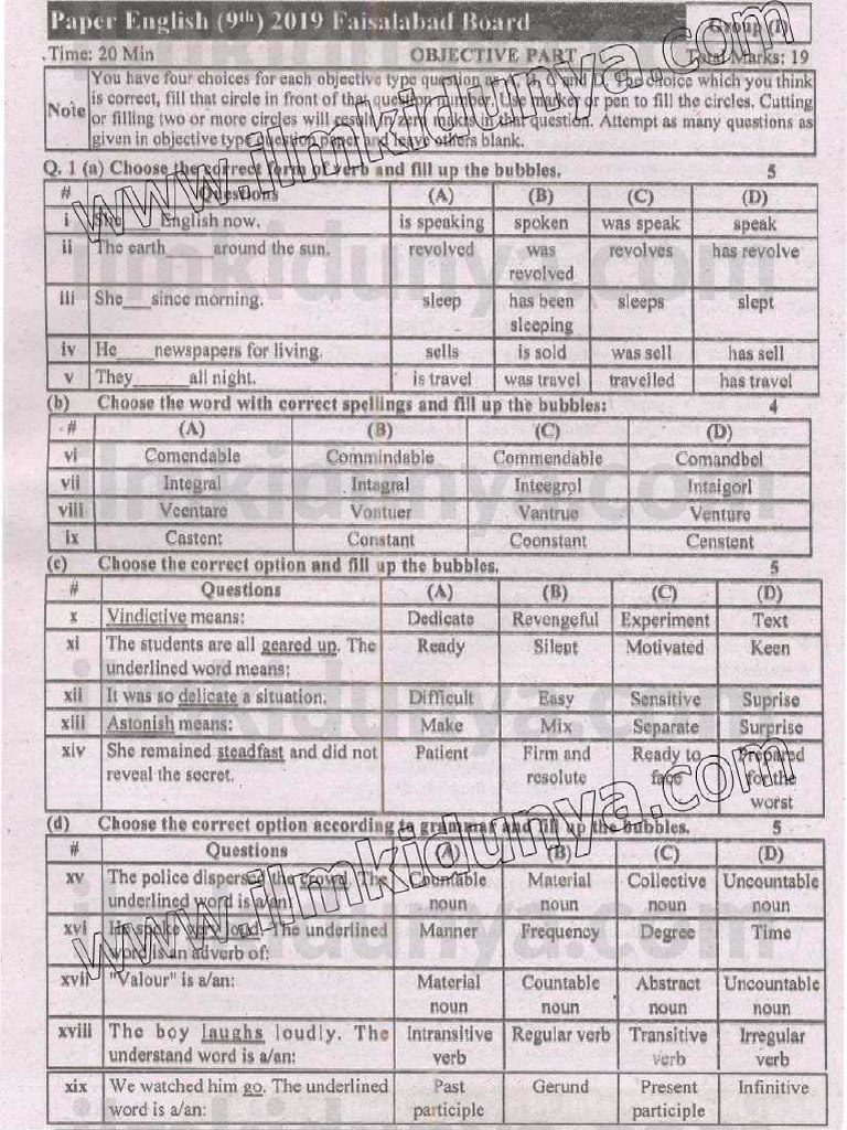 Past Papers 2019 Faisalabad Board 9th Class English Compulsory Group I ...