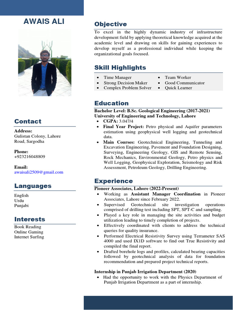 Awais Ali Cv 1 Download Free Pdf Engineering Geotechnical