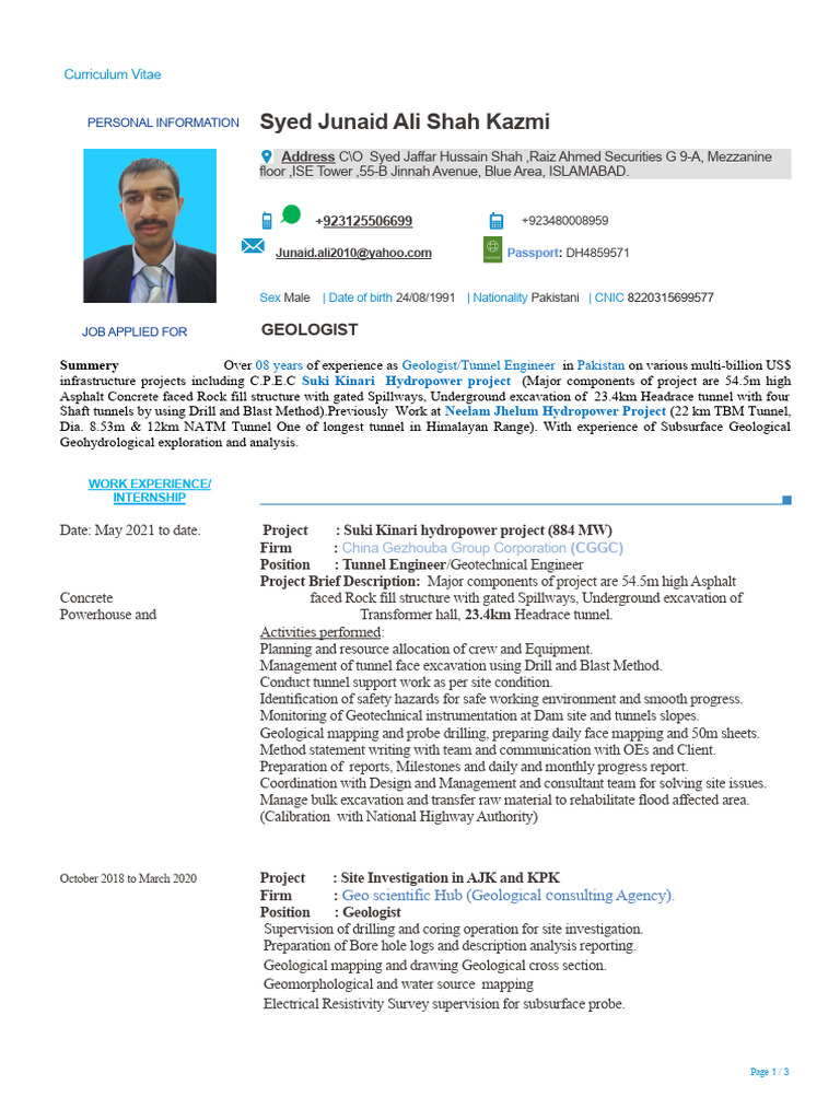 Junaid CV | PDF | Tunnel | Geology
