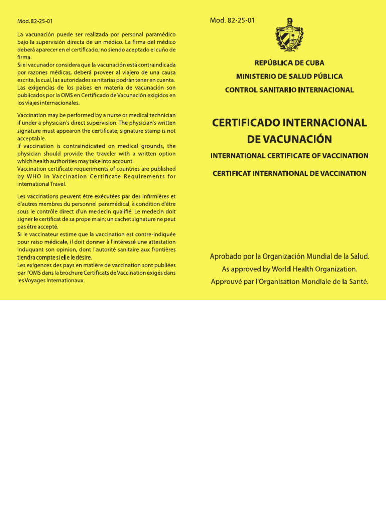 Certificado de Fiebre Amarilla - 110047 | PDF