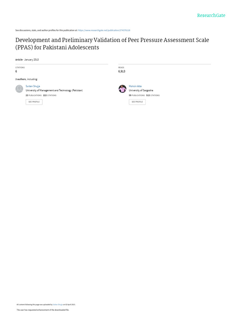 Development Validationof Peer Pressure Assessment Scale PPAS | PDF | Adolescence | Conformity