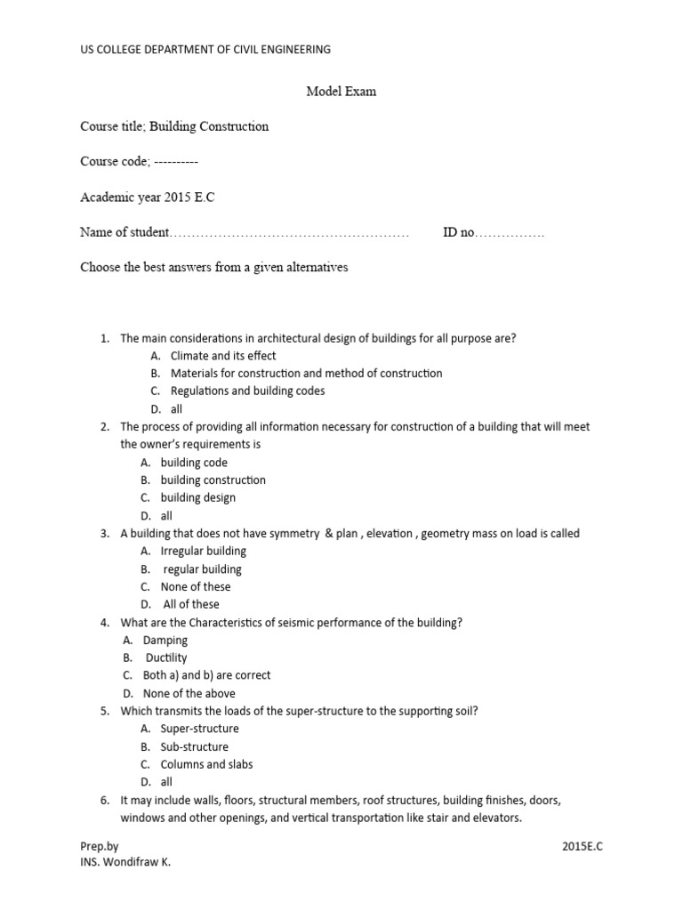 Building Construction Model Exam | PDF | Foundation (Engineering) | Stairs