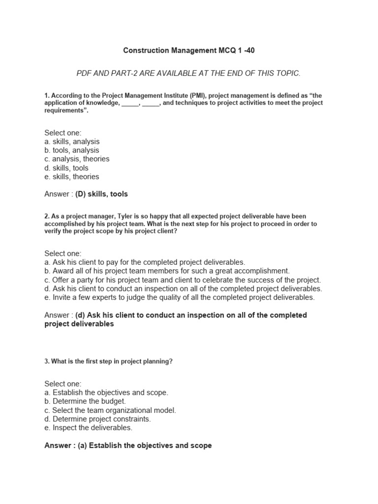 Construction Management Q&A MCQ 1 | PDF | Project Management | Risk