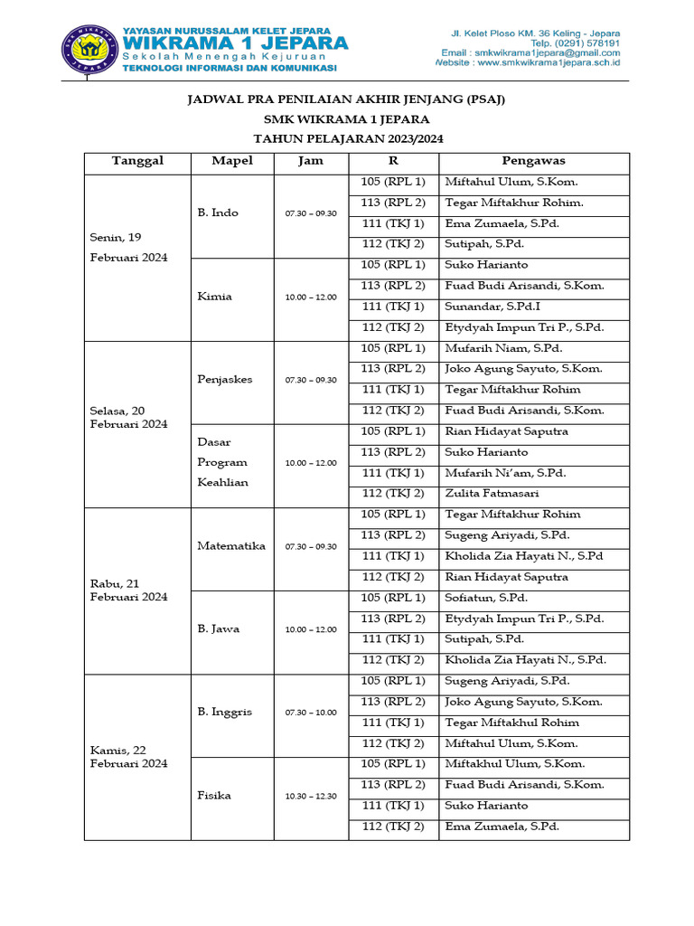 Jadwal Praus PSAJ 2024 | PDF