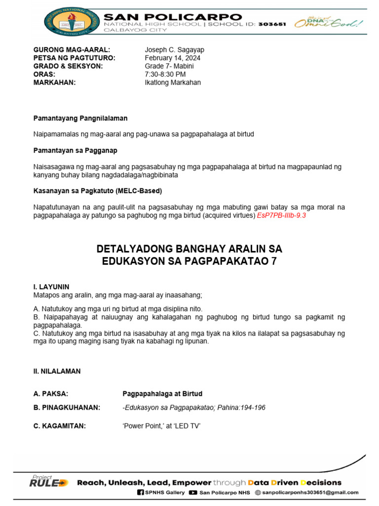 Lesson Plan Q3, WEEK2 ESP Joseph Sagayap | PDF