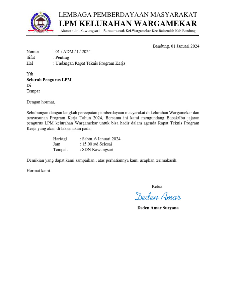 Surat Undangan Pengurus LPM | PDF