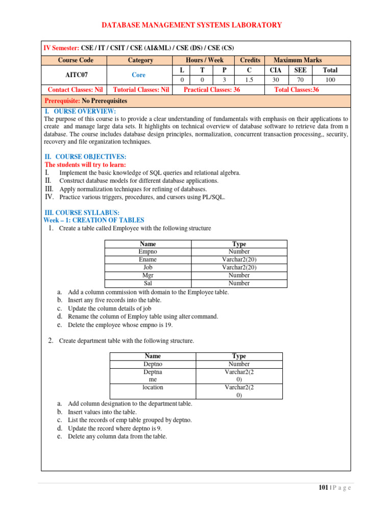 DBMS Lab Experiments | PDF | Databases | Sql