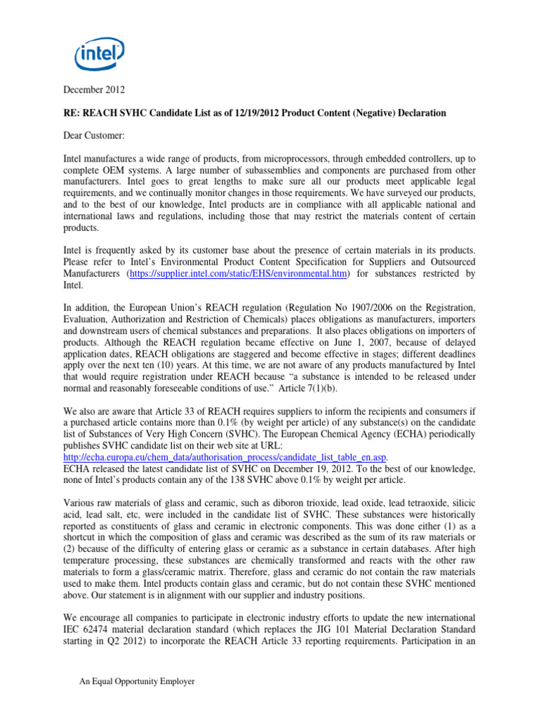 Intel Reach Statement | PDF | Chemical Substances | Glasses