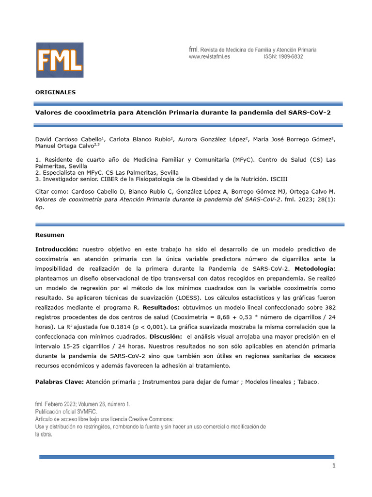 Valores de Cooximetria para Atencion Primaria Durante La Pandemia Del ...