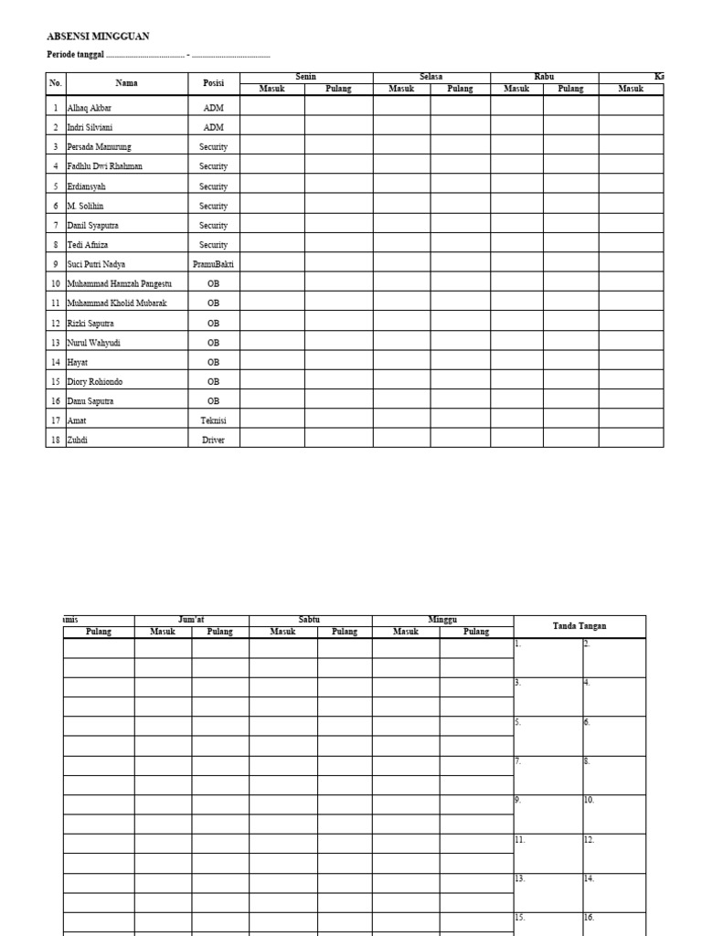 Contoh Form Absensi Mingguan | PDF