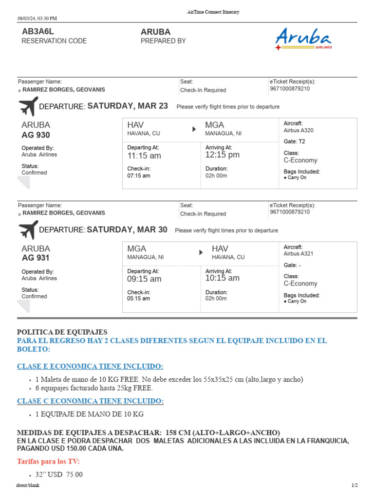 Itinerario de Vuelo y Políticas de Equipaje | PDF